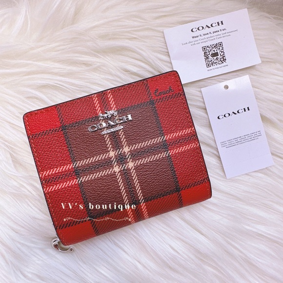 Coach | Bags | Nwt Coach Snap Wallet With Tartan Plaid Print Red Black ...